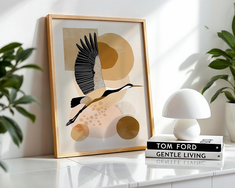 Crane Wall Art Print – Neutral Boho Animal Decor – Mid Century Modern ...
