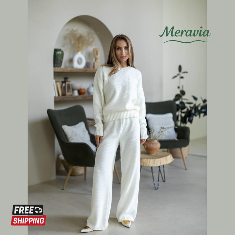 2 Piece Knit Lounge Set Women – Cozy Wool Blend Sweater & Pants, Knit ...