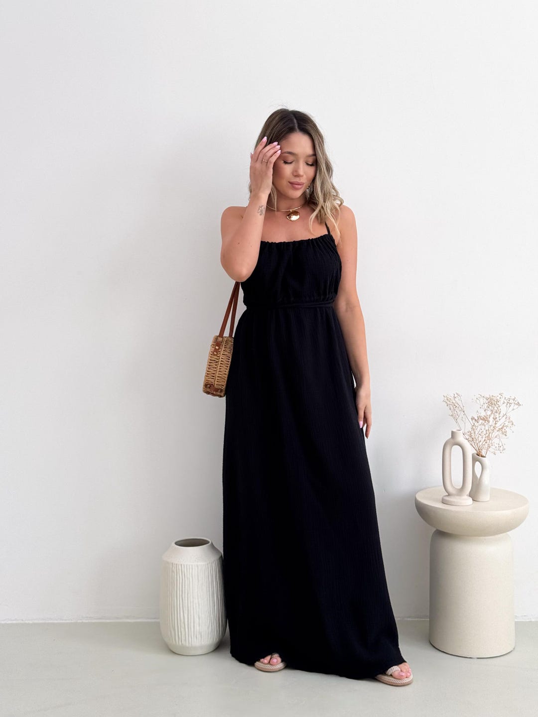 Black Boho Maxi Dress With Open Back | Summer Linen Look Sundress ...