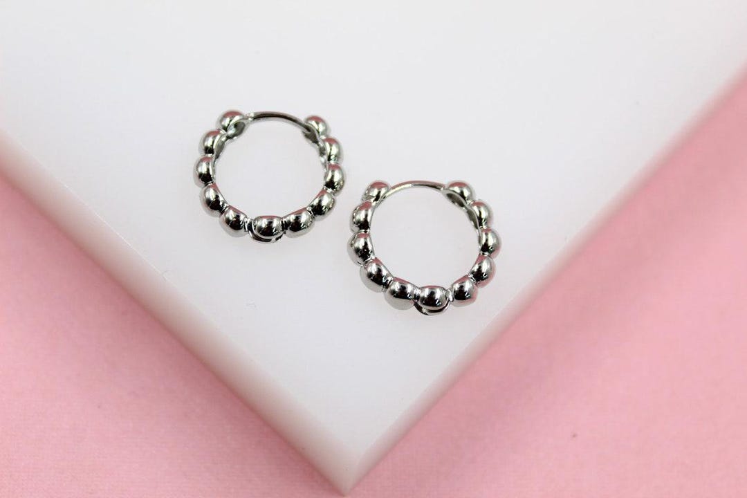 Rhodium Beaded Edge Latch Back Huggies | Beaded Edge Huggie Earrings ...