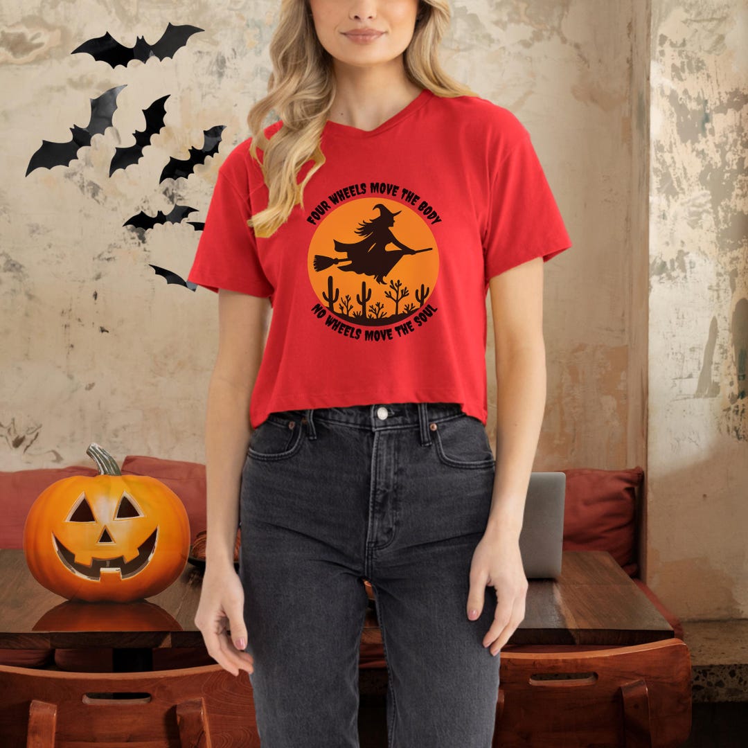 Halloween Witch Crop Tee: Flying Broomstick & Pumpkin Moon Graphic Tee ...