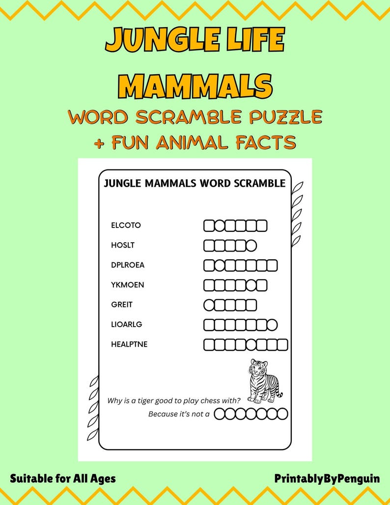 Jungle Mammals Word Scramble | Fun Facts | Instant PDF Download - Etsy