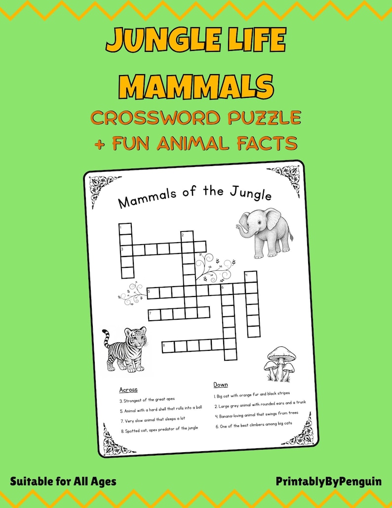 Jungle Mammals Crossword Puzzle | Educational Printable Worksheet ...
