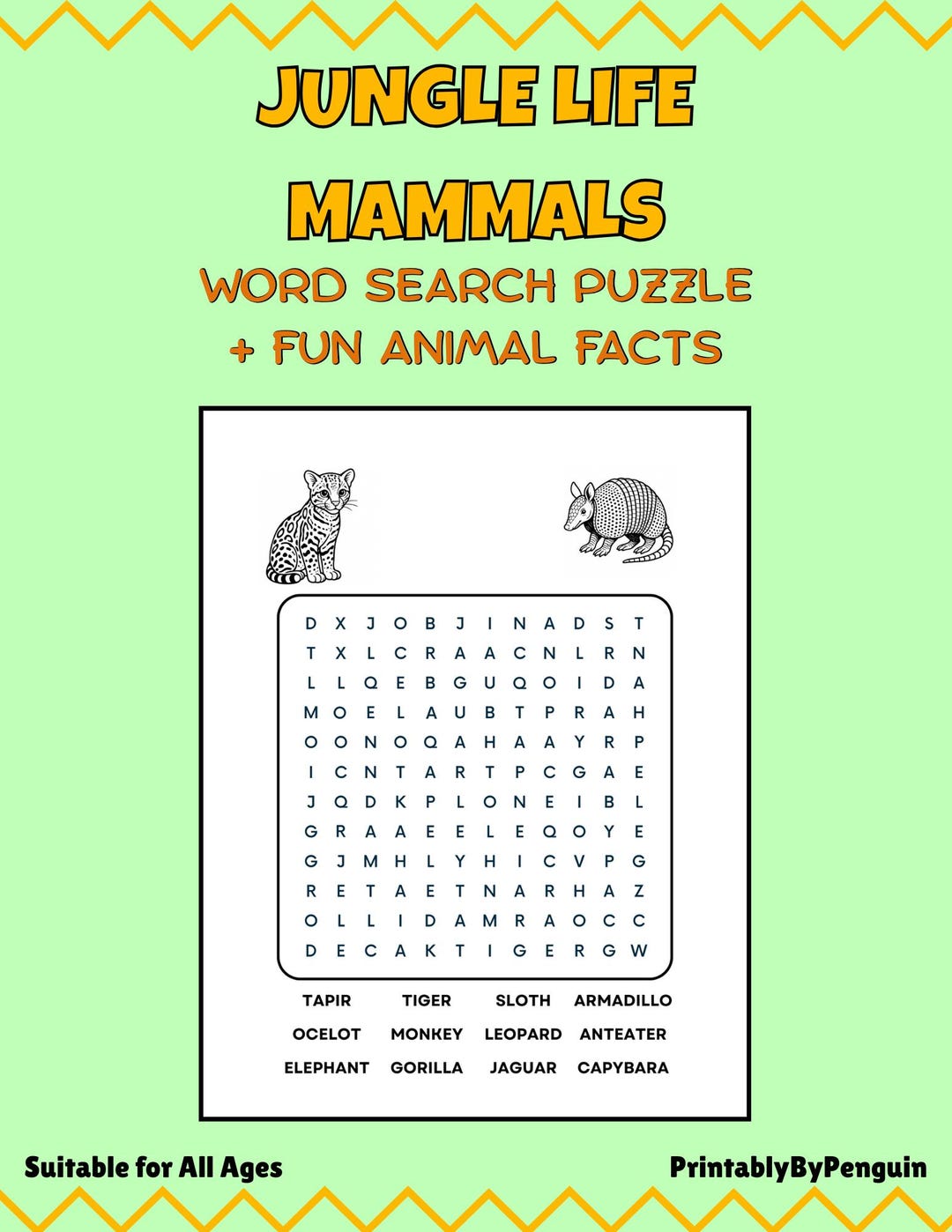 Jungle Mammals Word Search Puzzle | Educational Animal Activity | Fun ...
