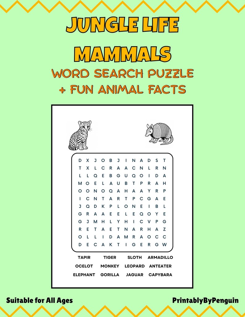 Jungle Mammals Word Search Puzzle | Educational Animal Activity | Fun ...