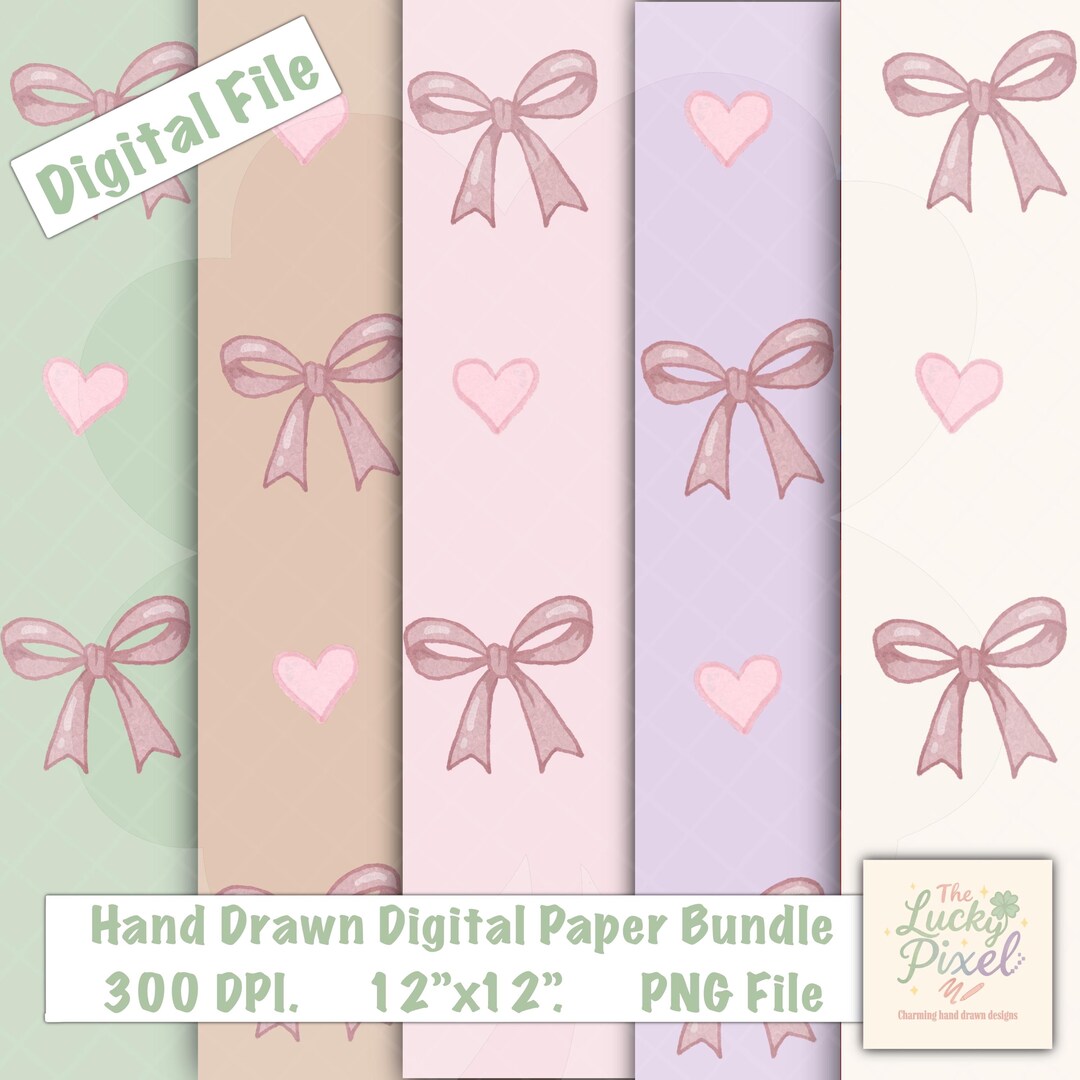 Bows & Hearts Digital Paper Bundle | Hand Drawn Seamless Designs ...