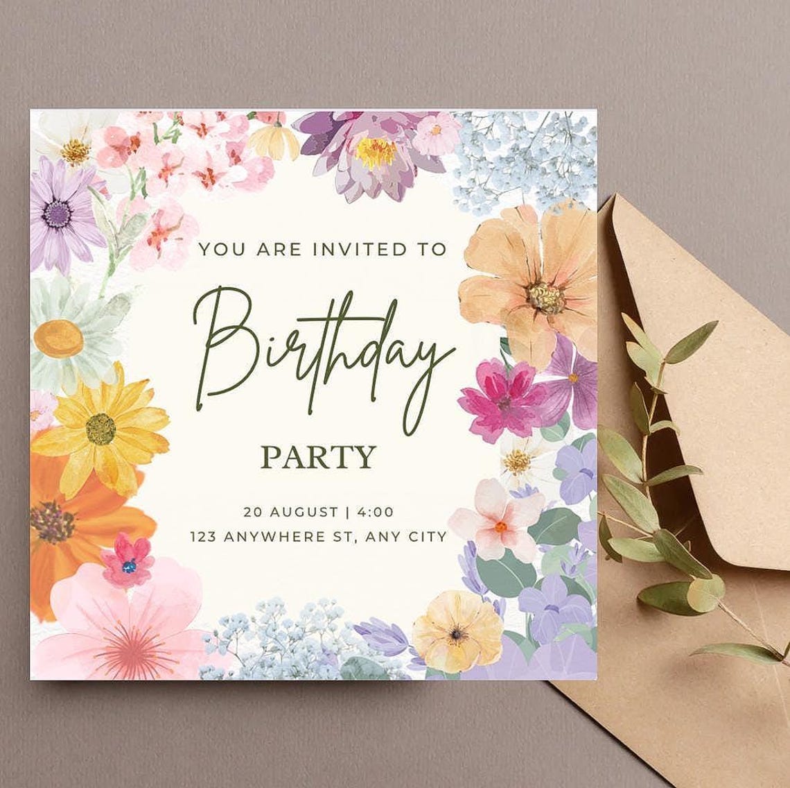 Editable Floral Birthday Invitation Template, Customizable Flower ...