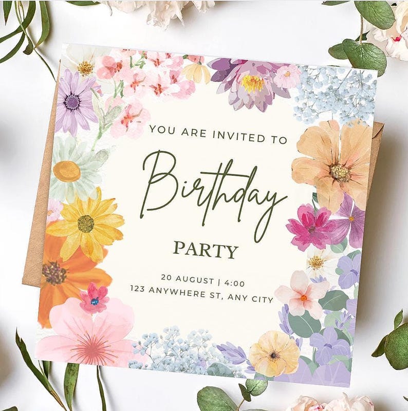 Editable Floral Birthday Invitation Template, Customizable Flower ...