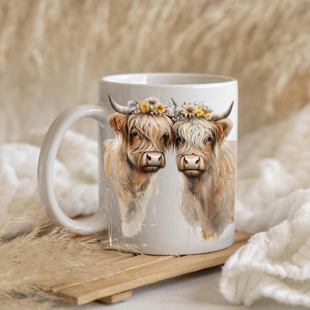 Cute Highland Cow Mug, Floral Cow Coffee Cup, Rustic Farmhouse Decor ...