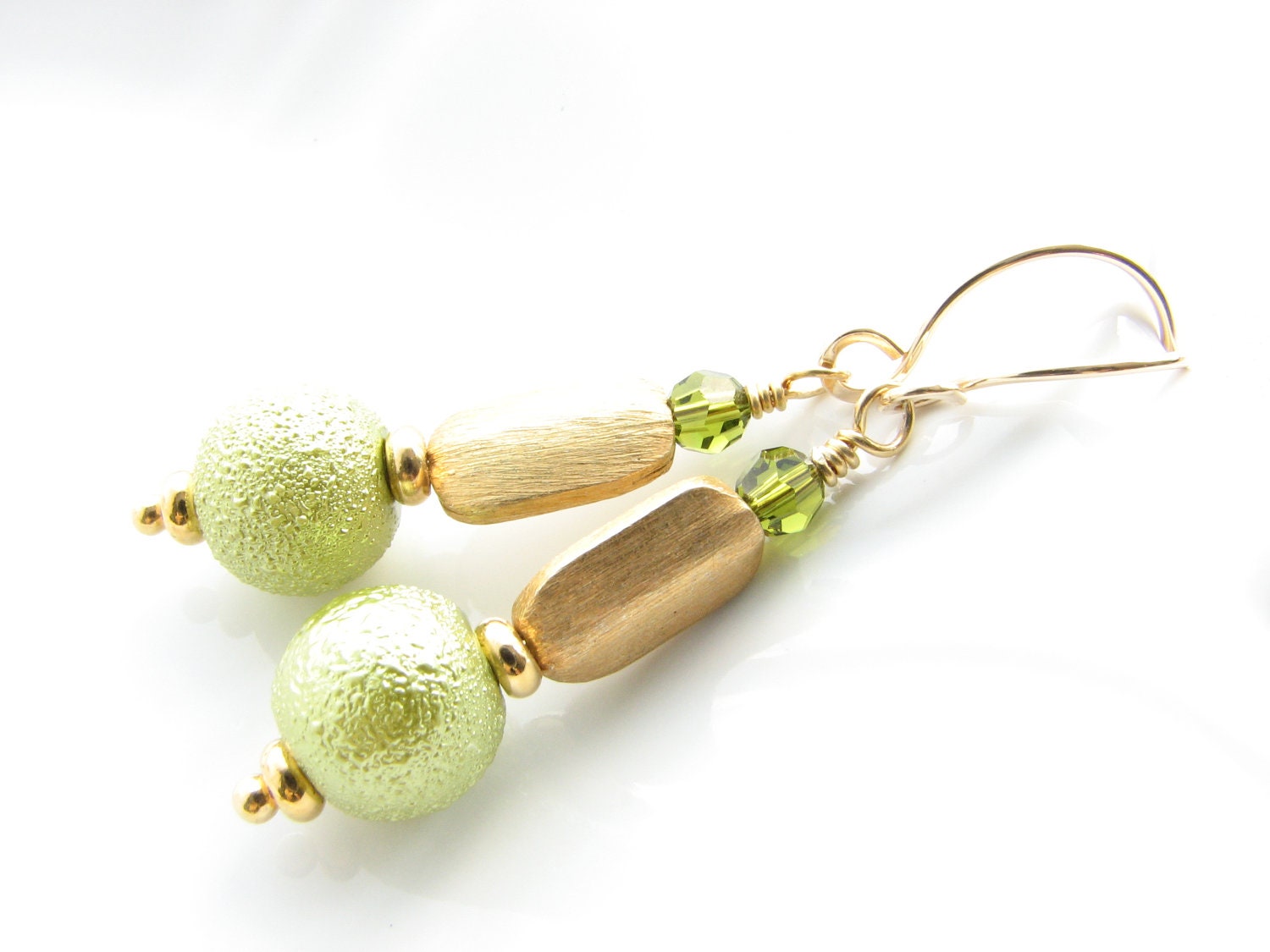 Green and gold dangle earrings with gold vermeil rectangle | Etsy