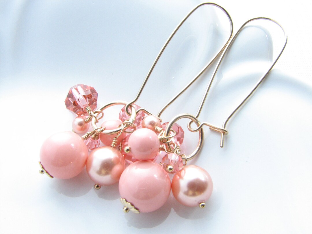 Grapefruit Pink Gold Cha-cha Earrings Dangle Drop Earrings Peach Pink Glass Beaded Under 25 ...