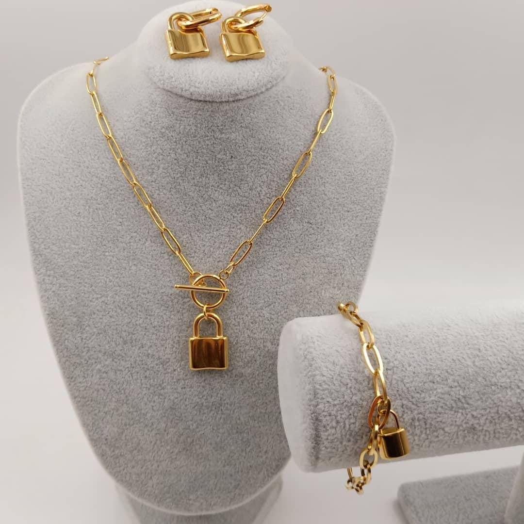 Gold Plated Lock Jewelry Set, Stainless Steel Necklace, Bracelet ...