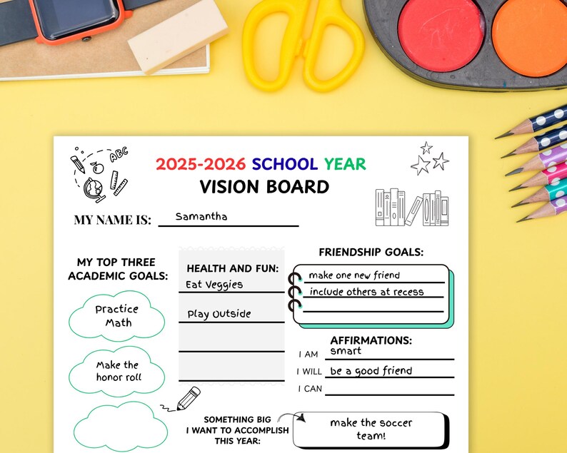 Vision Board Printable for Kids; 2025 Vision Board Template for School ...