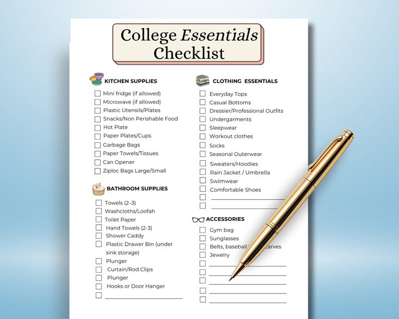 College Packing List Template, Dorm Room Essentials, College Shopping ...