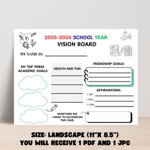 Vision Board Printable for Kids; 2025 Vision Board Template for School ...