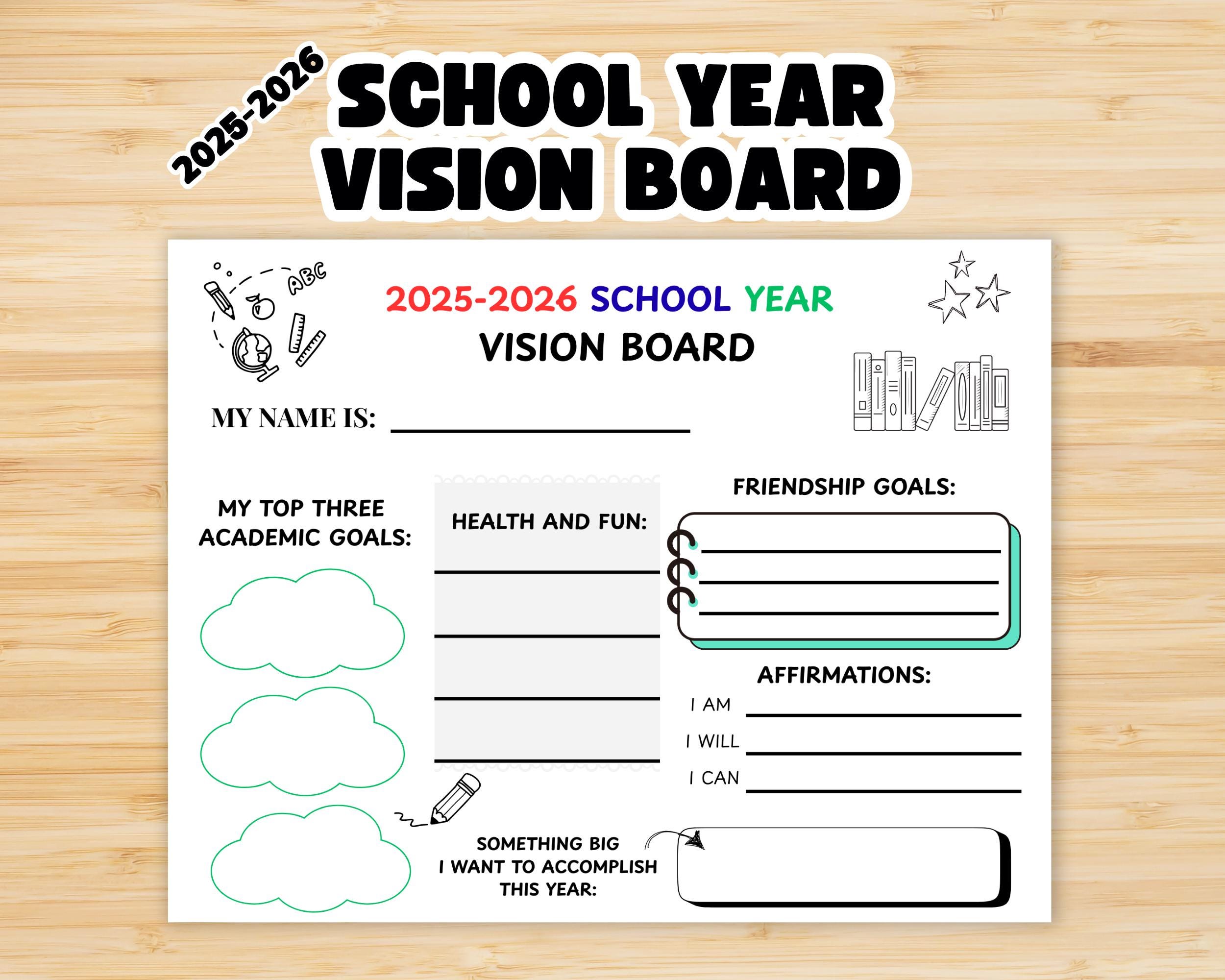 Vision Board Printable for Kids; 2025 Vision Board Template for School ...
