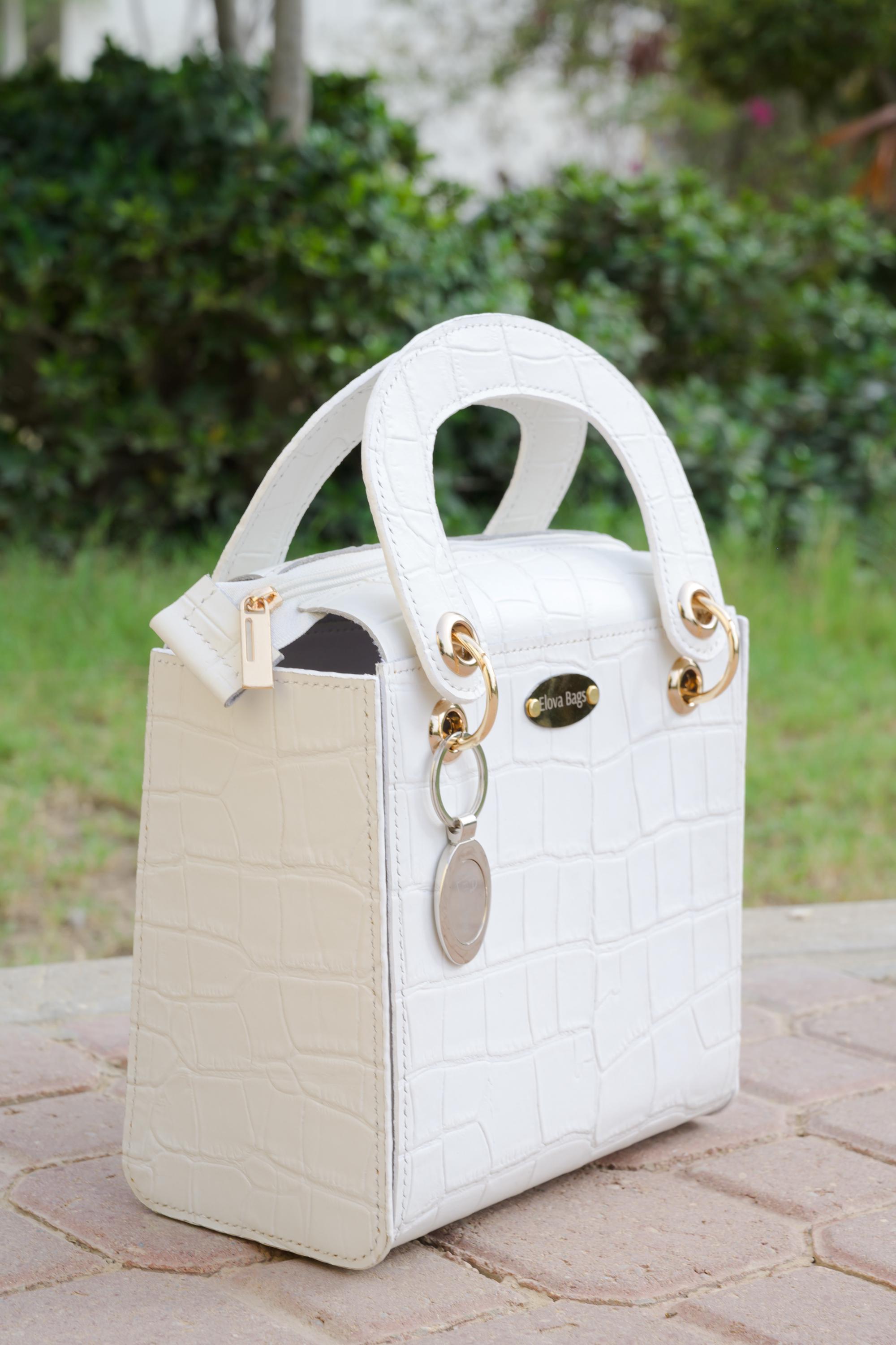 Handmade Crocodile Embossed Leather Mini Handbag: White Structured ...
