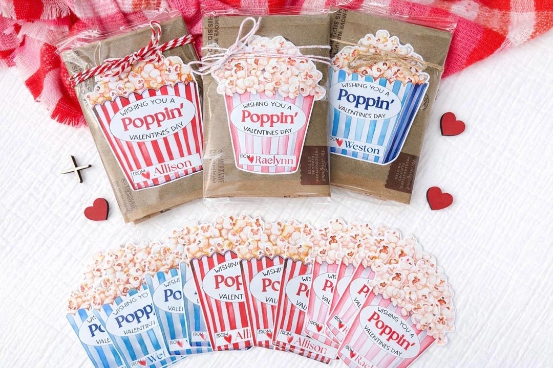 Valentine Popcorn Stickers, Have A Poppin' Valentine's Day Labels for ...