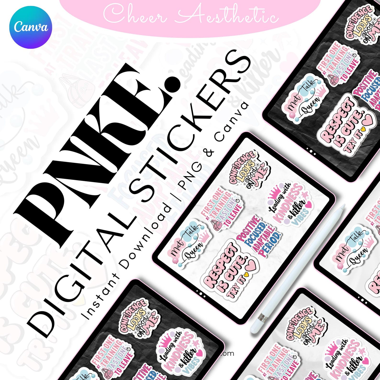 Cheer Aesthetic Digital Stickers – PNG & Canva | Pink Motivational ...