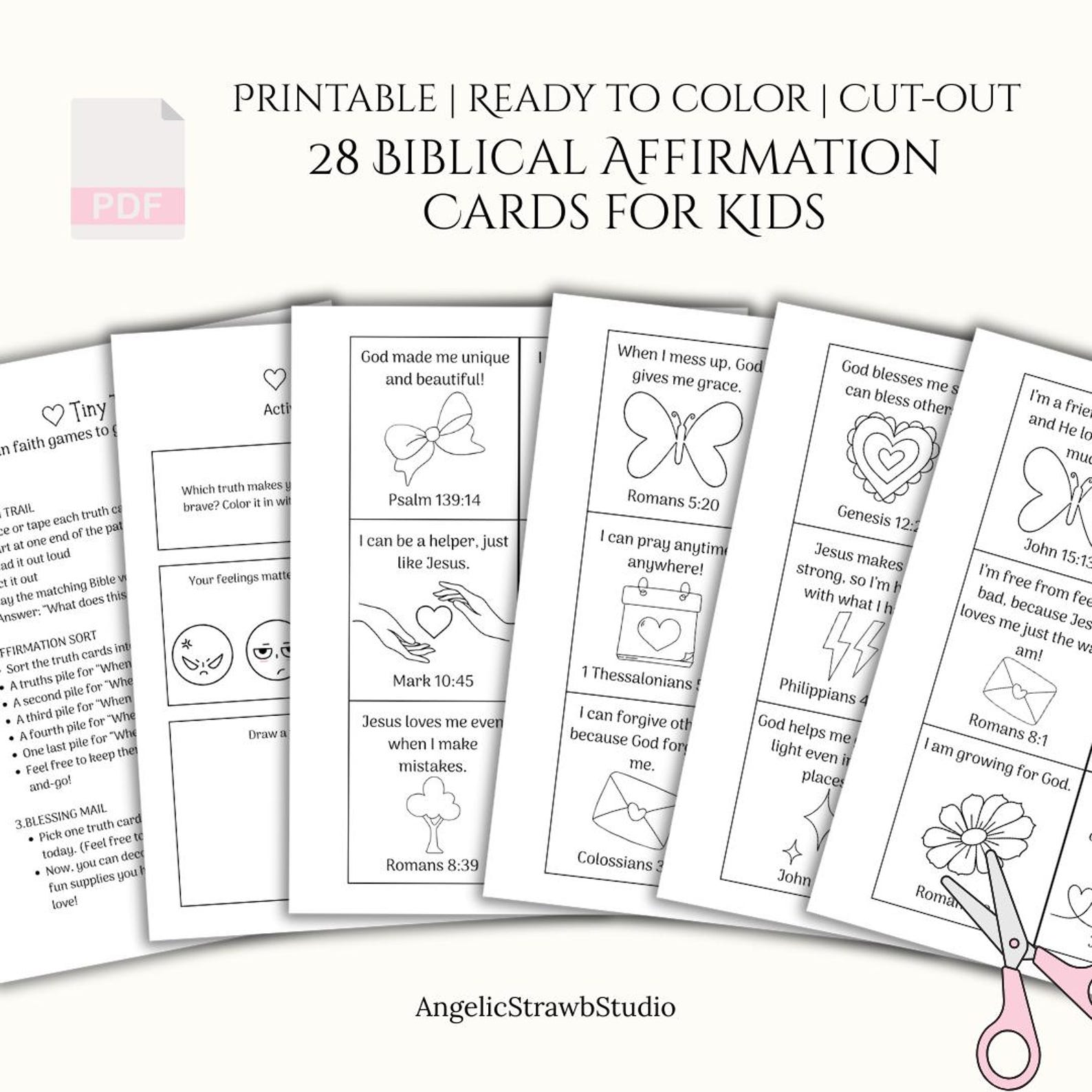 Printable Biblical Affirmation Cards for Kids | Christian Coloring ...