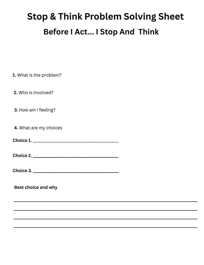 Stop and Think Problem Solving Worksheet - Etsy