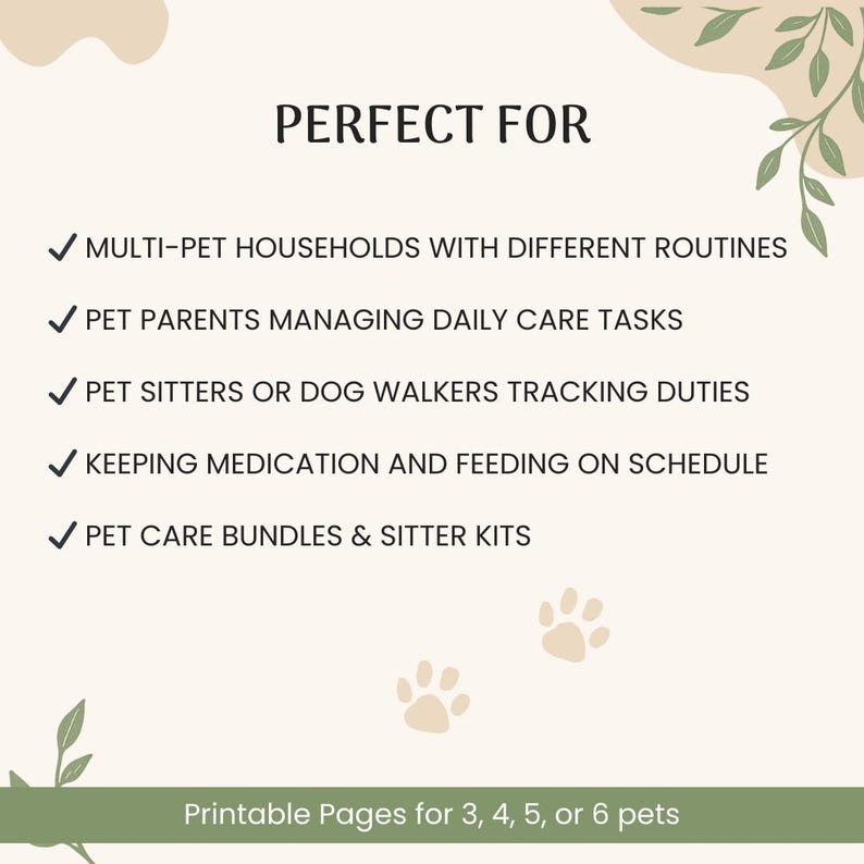 Multi-pet Care Tracker Printable | Pet Routine Checklist for 3, 4, 5, 6 ...