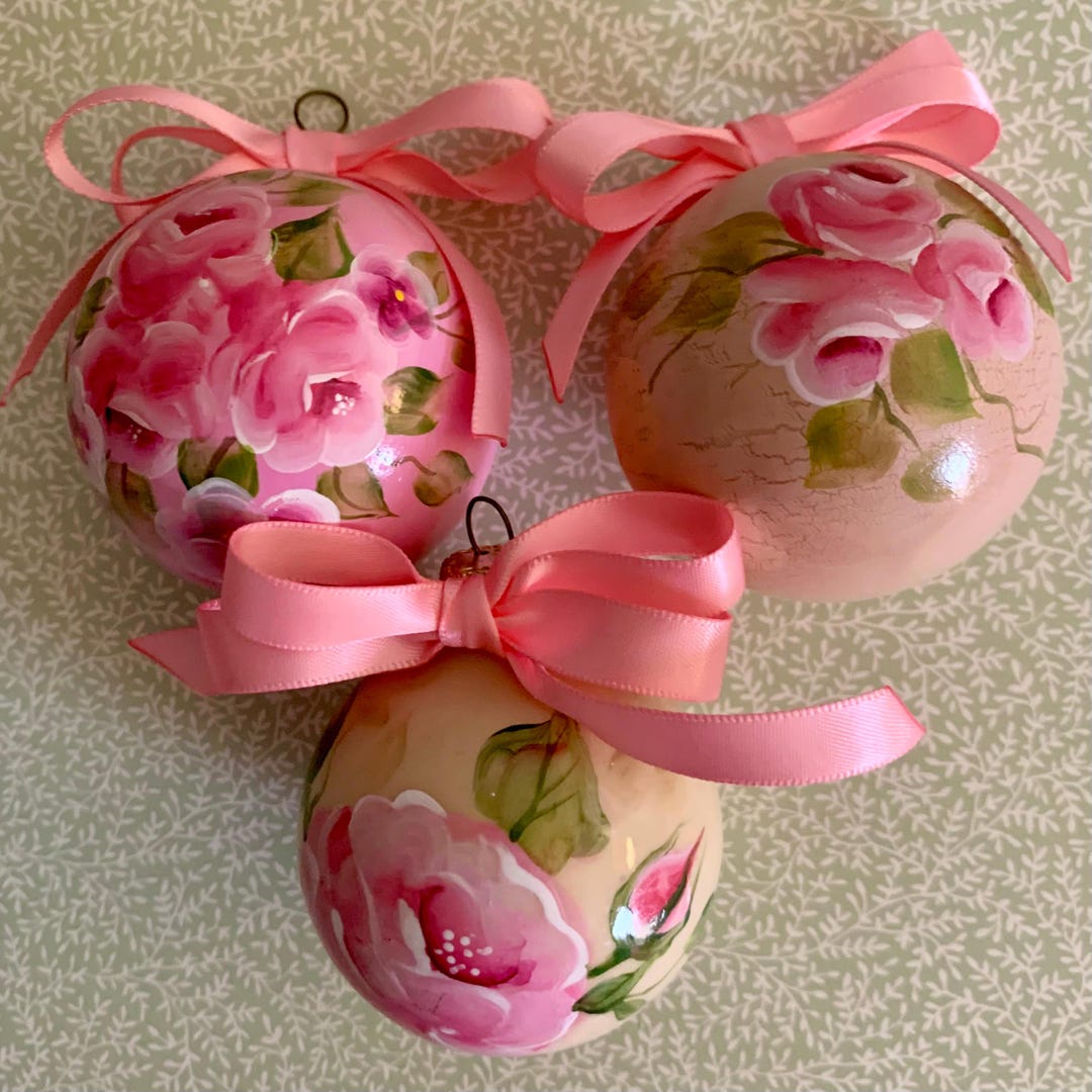 Hand-painted Pink Rose Christmas Ornaments • Shabby Cottage Décor - Etsy