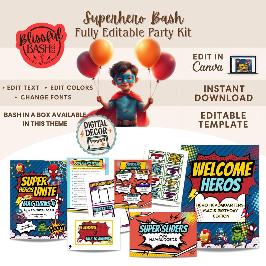 Superhero Party Printable Bundle Age 5–8 | Editable Superhero Birthday ...