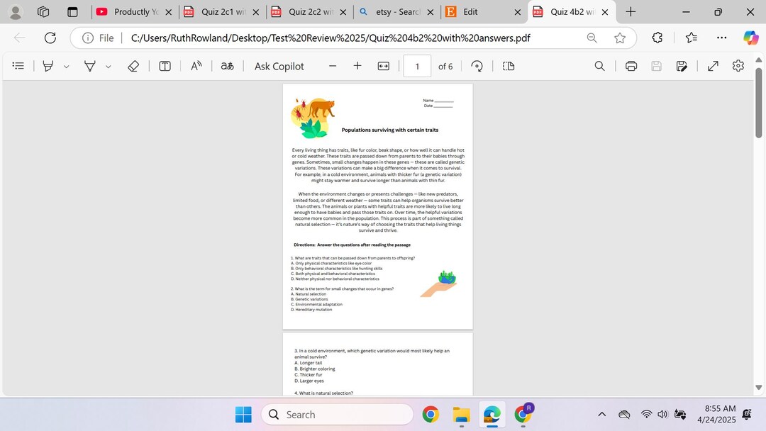 Genetic Variation and Natural Selection, Reading Passage, 8th Grade ...