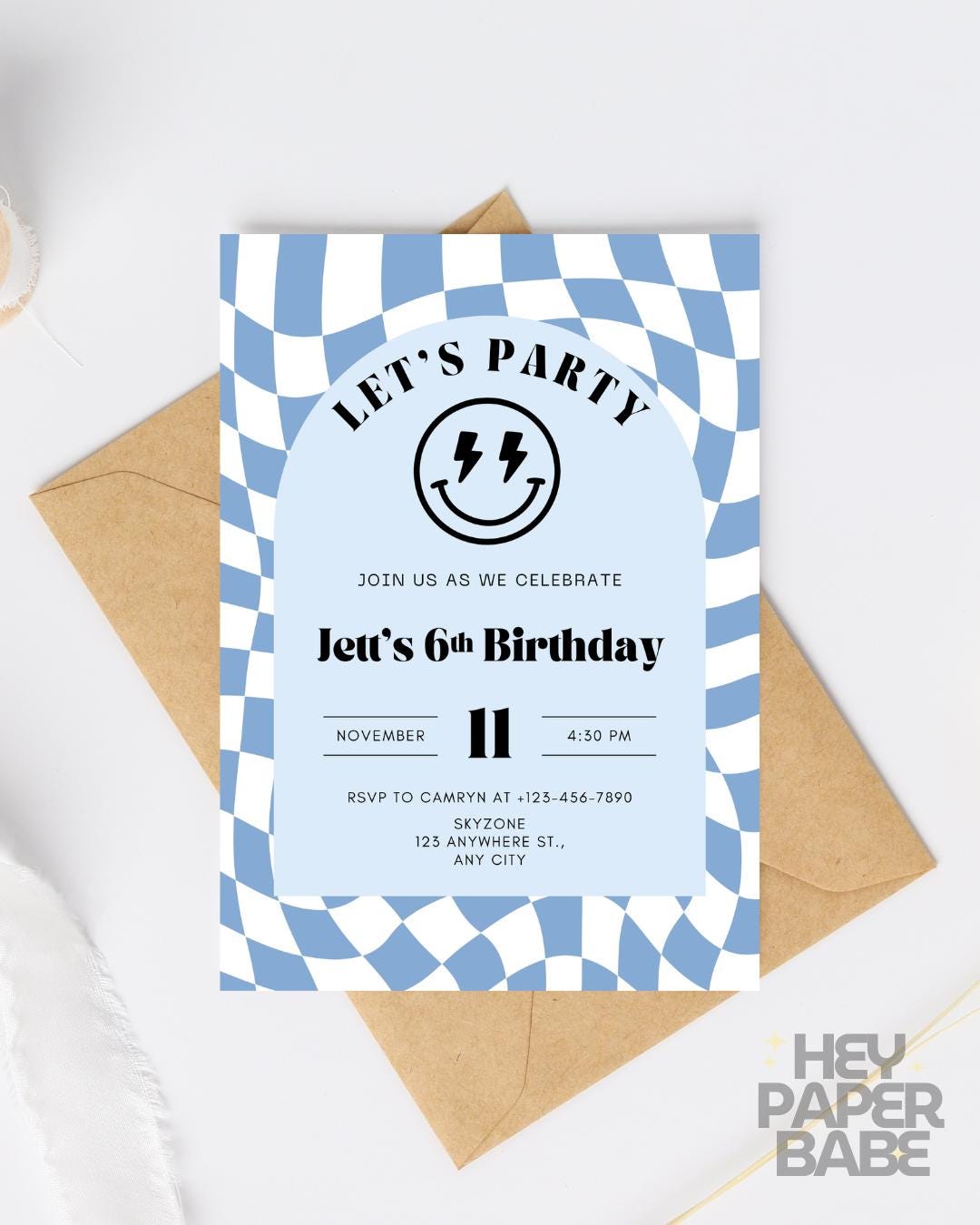 Blue Wavy Checkered Birthday Invitation – Instant Canva Download or ...