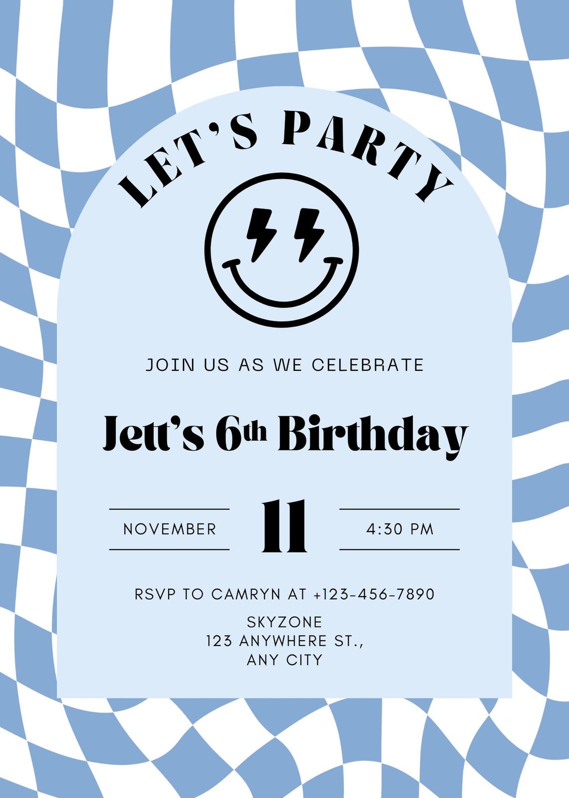 Blue Wavy Checkered Birthday Invitation – Instant Canva Download or ...