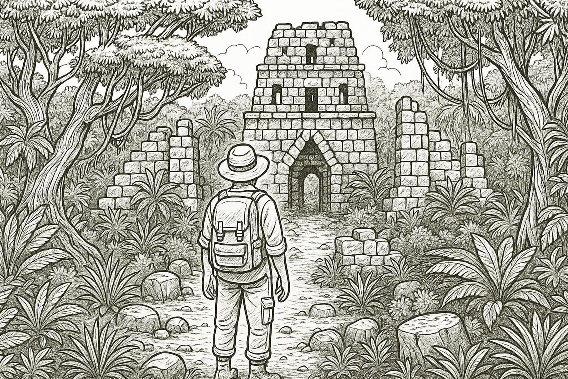 Jungle Explorer Coloring Page – Ancient Mayan Ruins Adventure ...