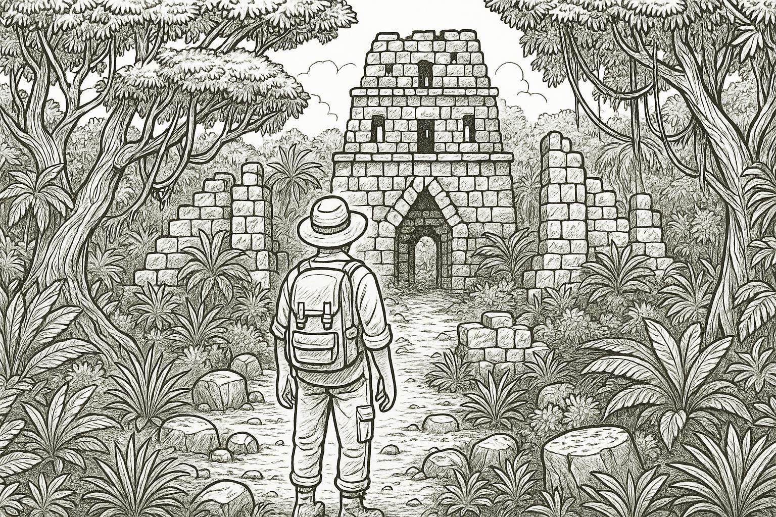 Jungle Explorer Coloring Page – Ancient Mayan Ruins Adventure ...