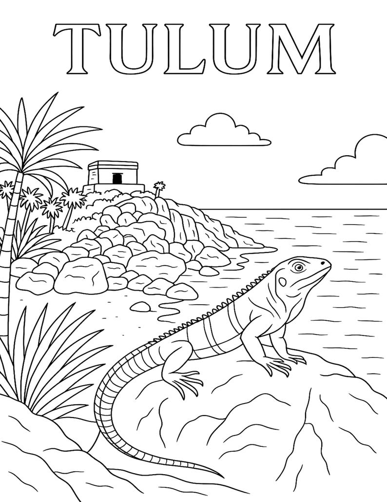 Tulum Coloring Page – Printable Travel Coloring Sheet | Mexico Ruins ...