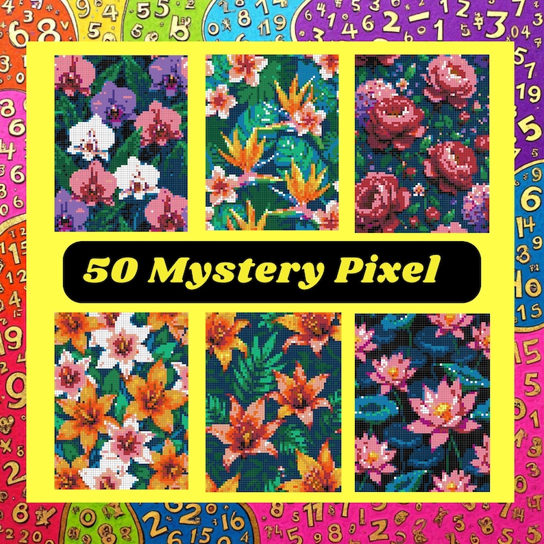 Color by Number, Mystery Pixel, Square Shape,50 Pages, 12-24 Colors ...