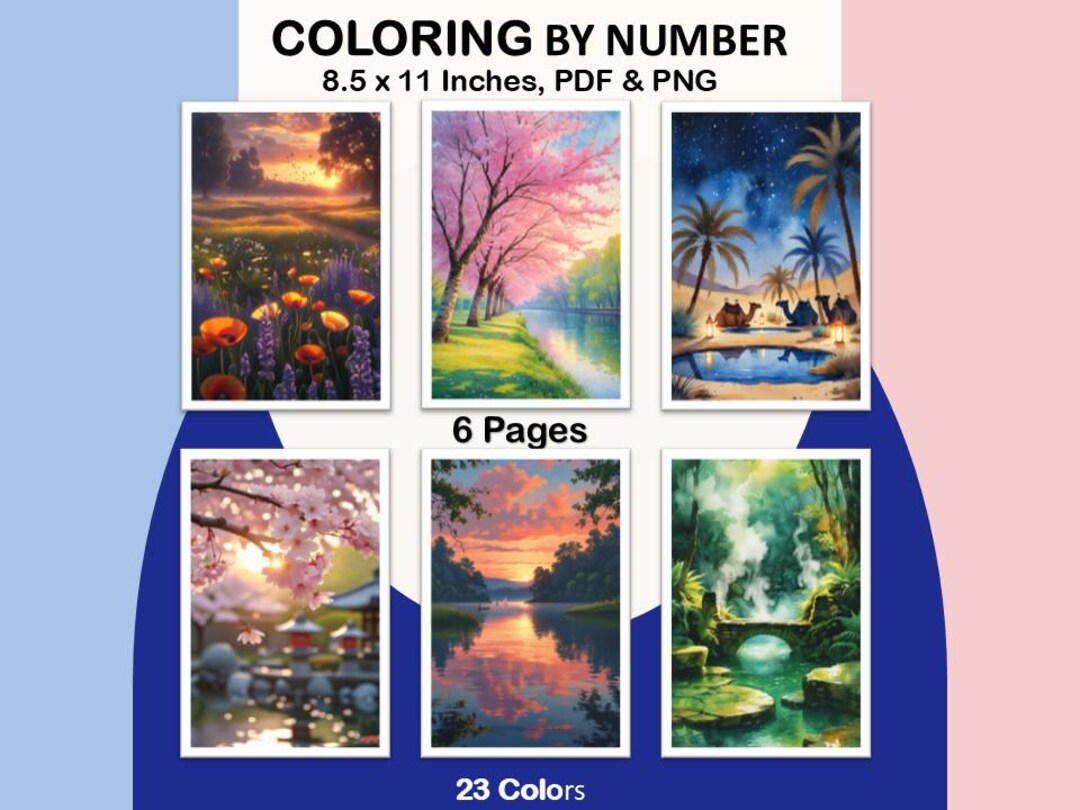 Coloring Page by Number, Landscape Coloring 6 Pages, 23 Colors ...