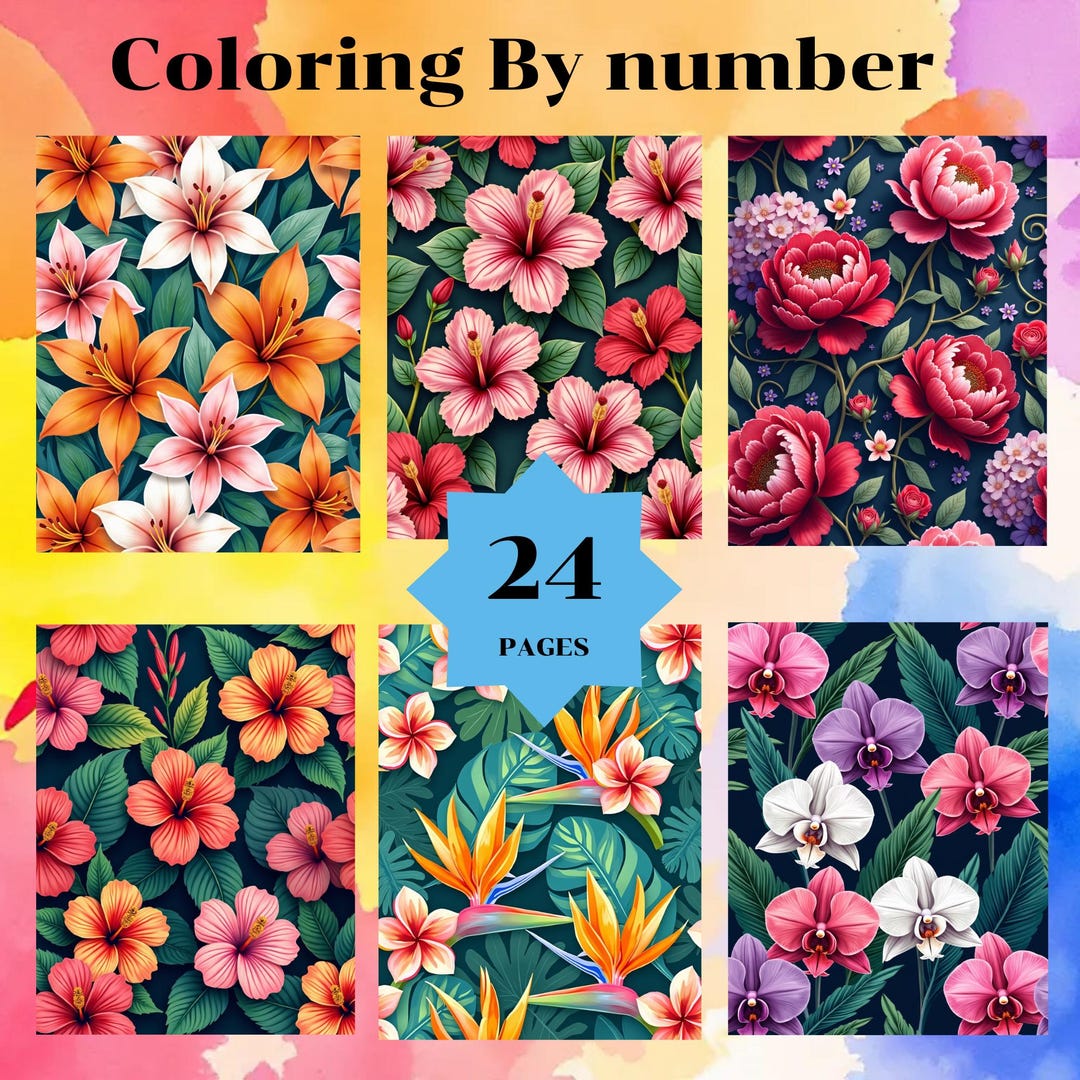 Coloring by Number, Flowers 24 Pages, for Adults, Printable, 8.5 X 11 ...
