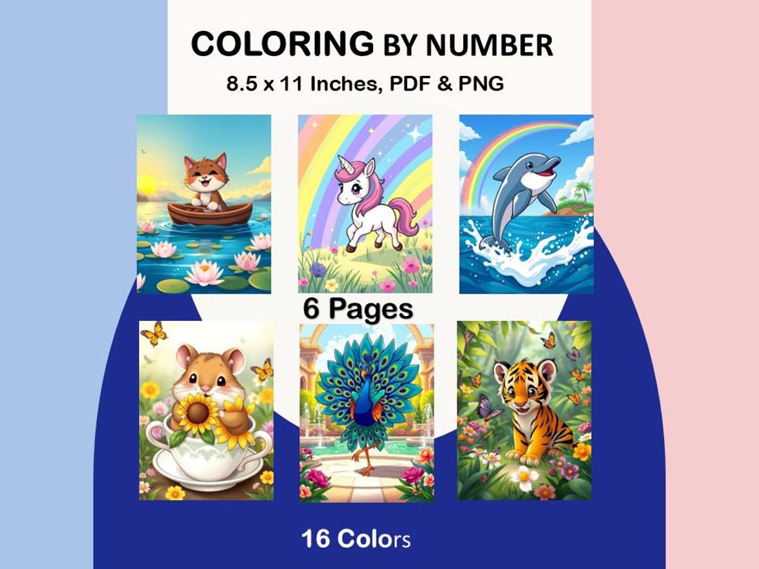 Coloring by Number, Cartoon Coloring 6 Pages, 16 Colors, Printable, , 8 ...