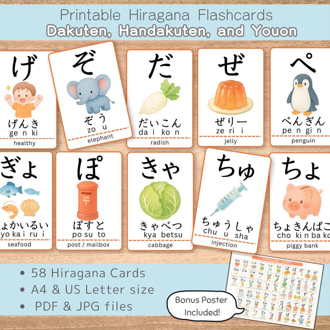 Printable Hiragana Flashcards – Dakuten, Handakuten, Youon (voiced ...