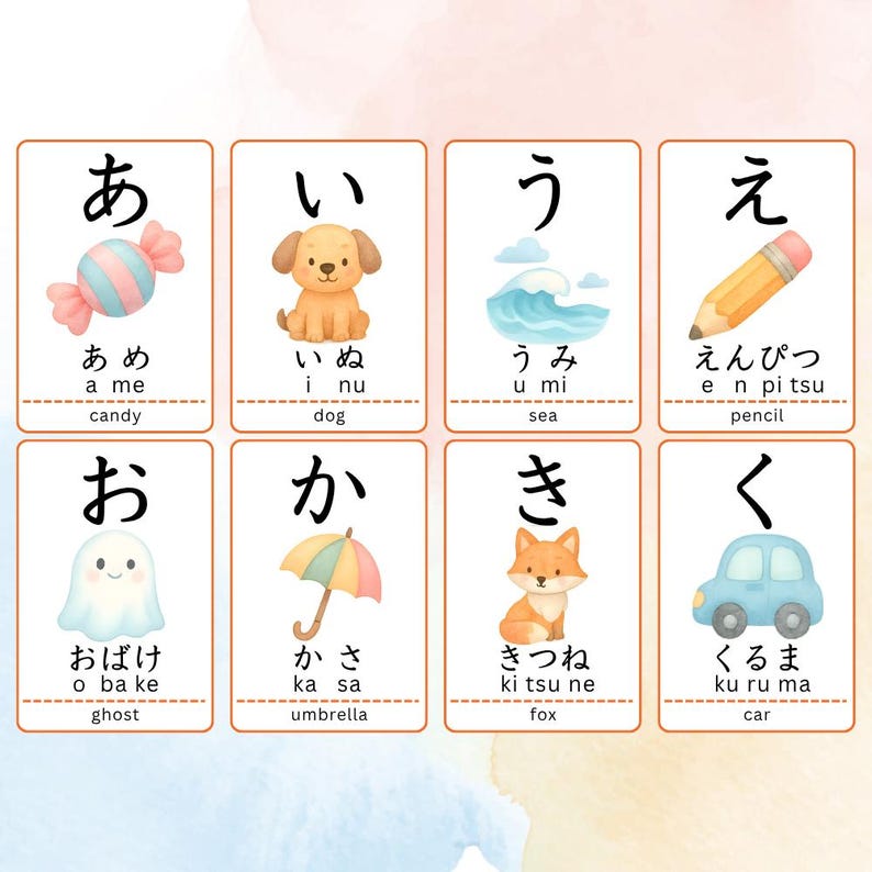 Printable Hiragana Flashcards With Vocabulary – Cute Watercolor ...