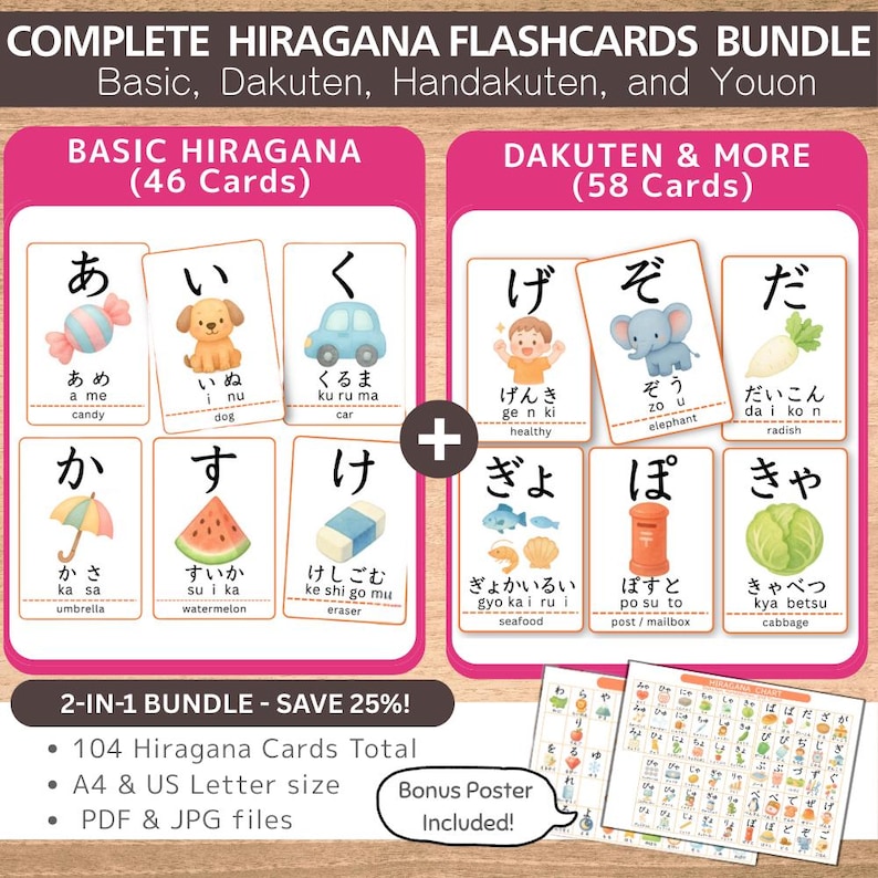 Complete Printable Hiragana Bundle | Basic + Dakuten + Youon Flashcards ...