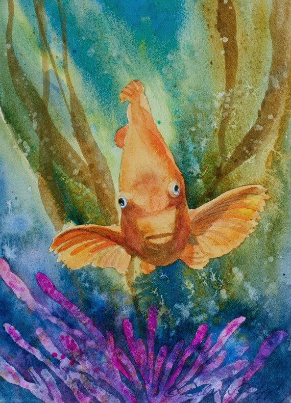 Up Close and Personal Garibaldi Watercolor Print Fish Kelp | Etsy
