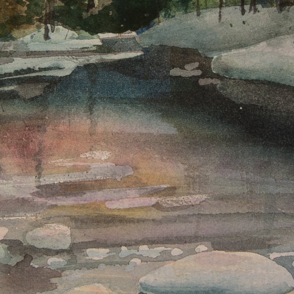 Spring Thaw, Watercolor Print, Snow, Trees, River, Green - Etsy