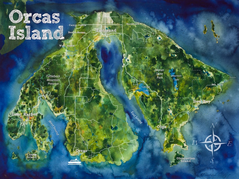 Orcas Island Map, Watercolor Giclée Print, Puget Sound, San Juan ...