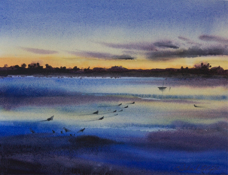 Mission Bay Sunset Acuarela Pintura Original Cielo San - Etsy España