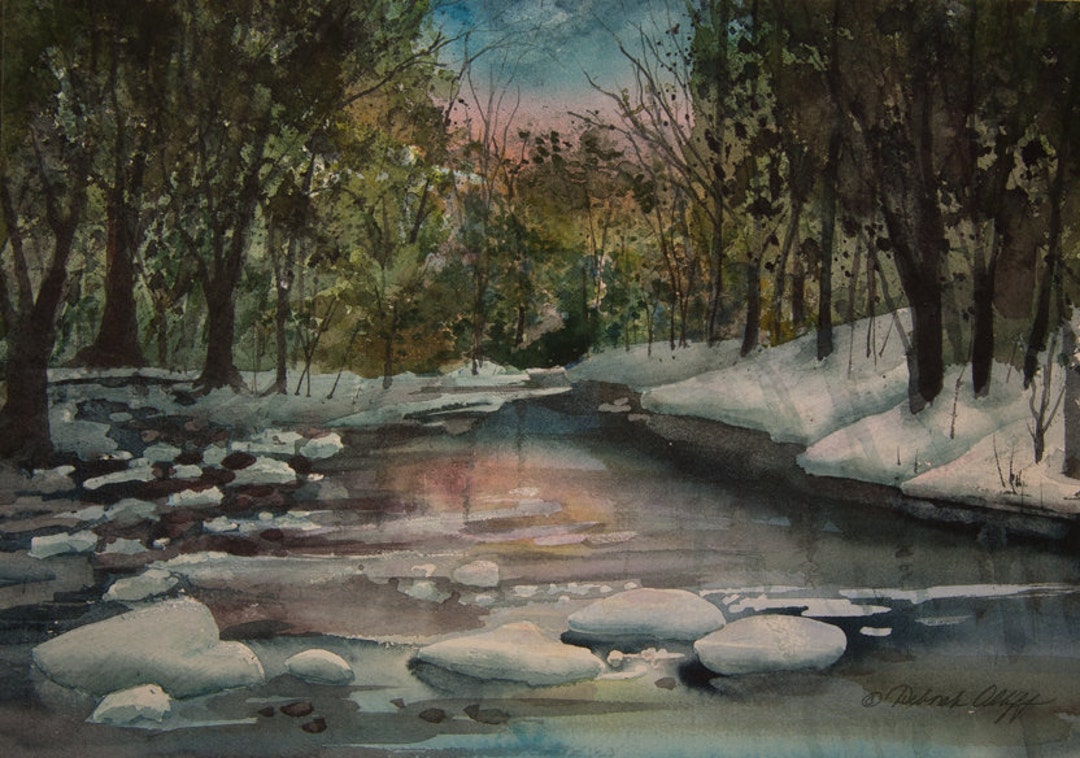 Spring Thaw, Watercolor Print, Snow, Trees, River, Green - Etsy