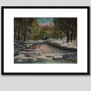 Spring Thaw, Watercolor Print, Snow, Trees, River, Green - Etsy
