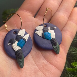 Magpie on Blue Sky, Handmade Polymer Clay Earrings, Lightweight Hoop ...