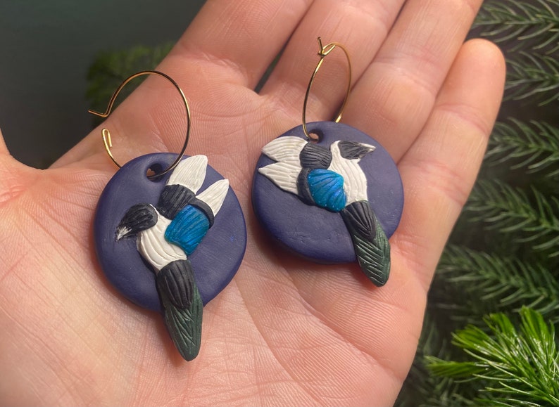 Magpie on Blue Sky, Handmade Polymer Clay Earrings, Lightweight Hoop ...
