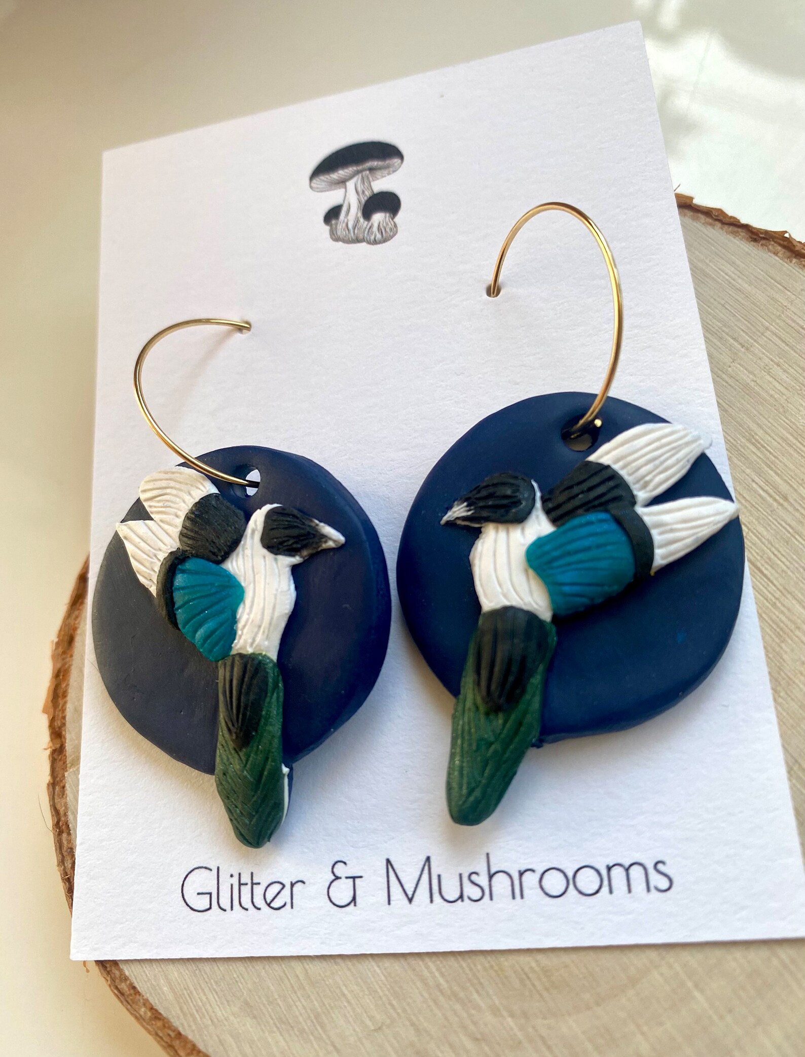 Magpie on Blue Sky, Handmade Polymer Clay Earrings, Lightweight Hoop ...